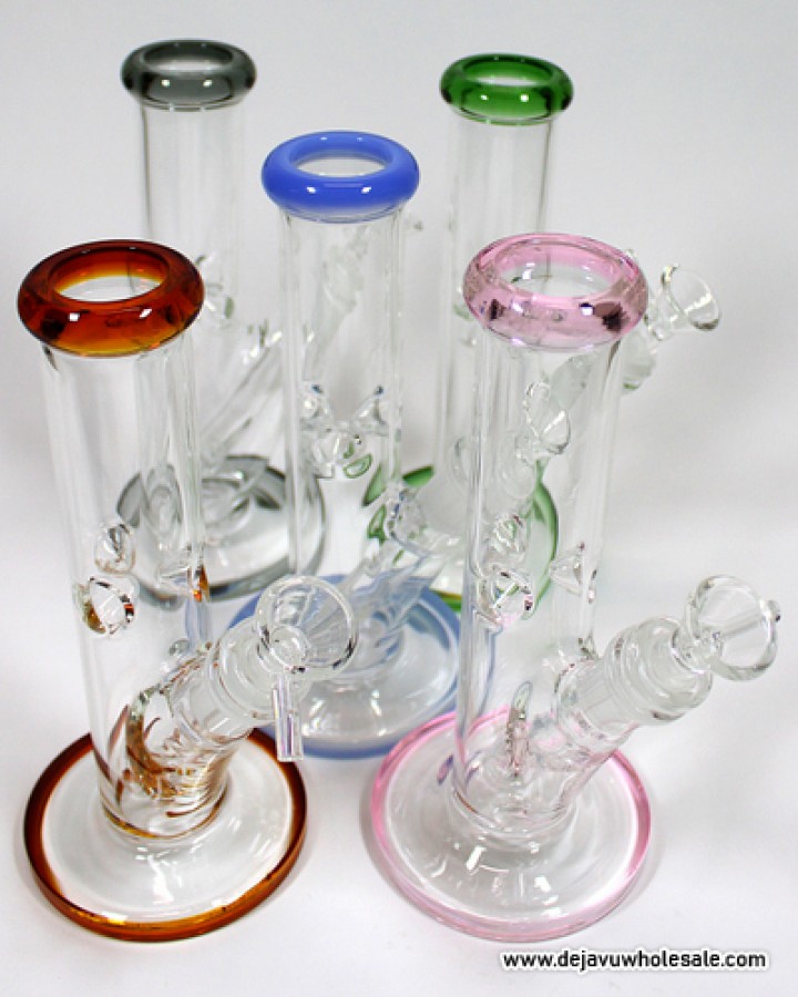 8'' 5mm Thick Straight Tube Colored Rim GoG Water Pipe (Down Stem With ...