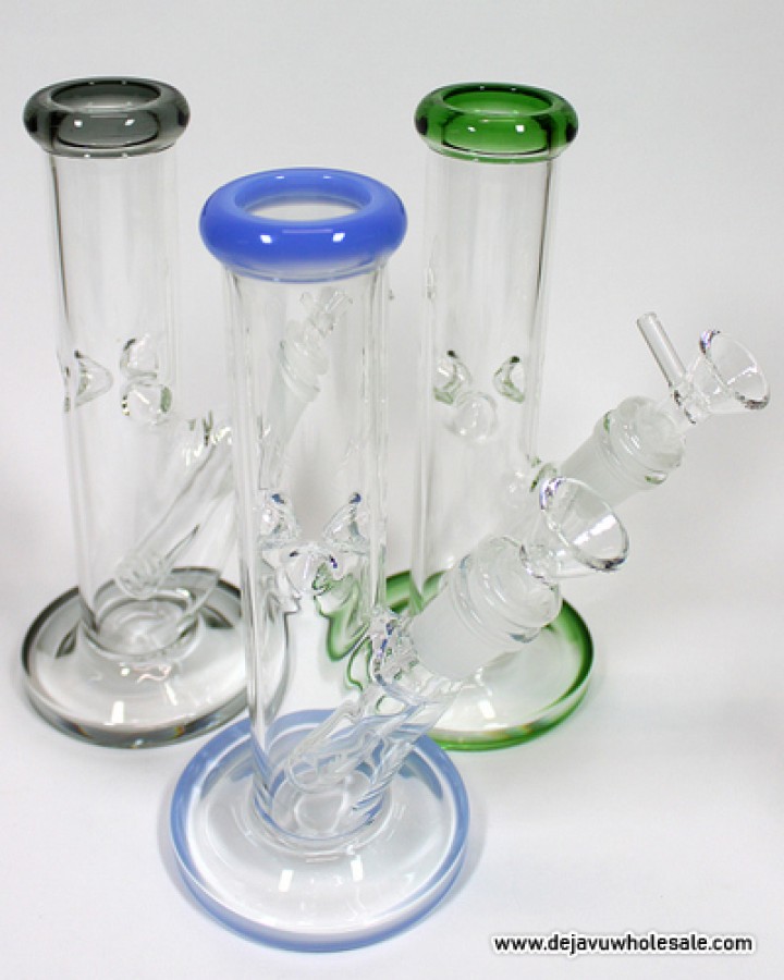 8'' 5mm Thick Straight Tube Colored Rim GoG Water Pipe (Down Stem With ...